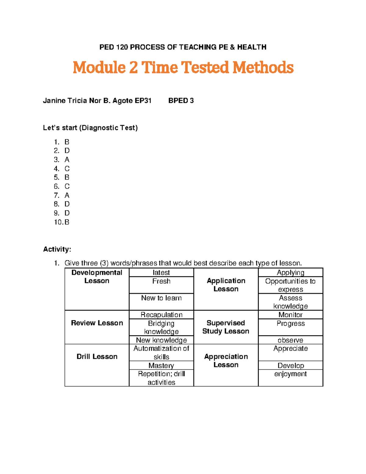 Process OF Teaching PE - PED 120 PROCESS OF TEACHING PE & HEALTH Module ...