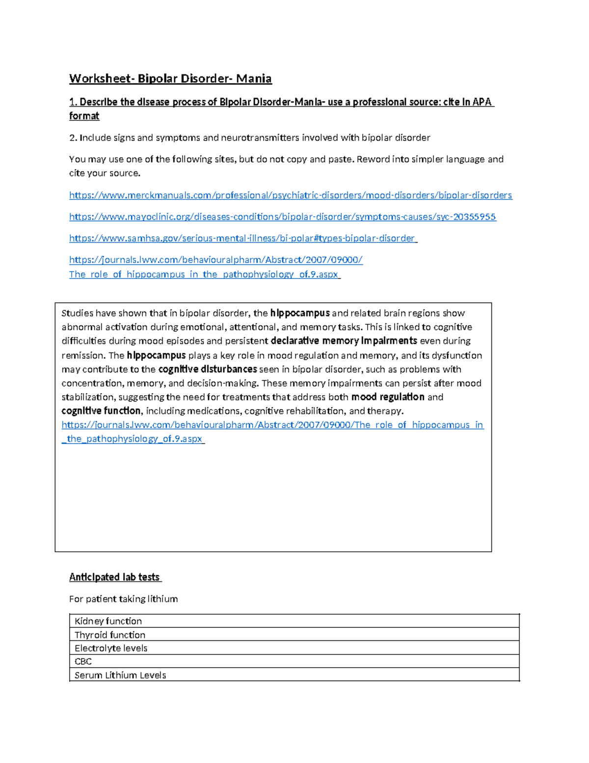 Worksheet for bipolar mania final - Worksheet- Bipolar Disorder- Mania ...