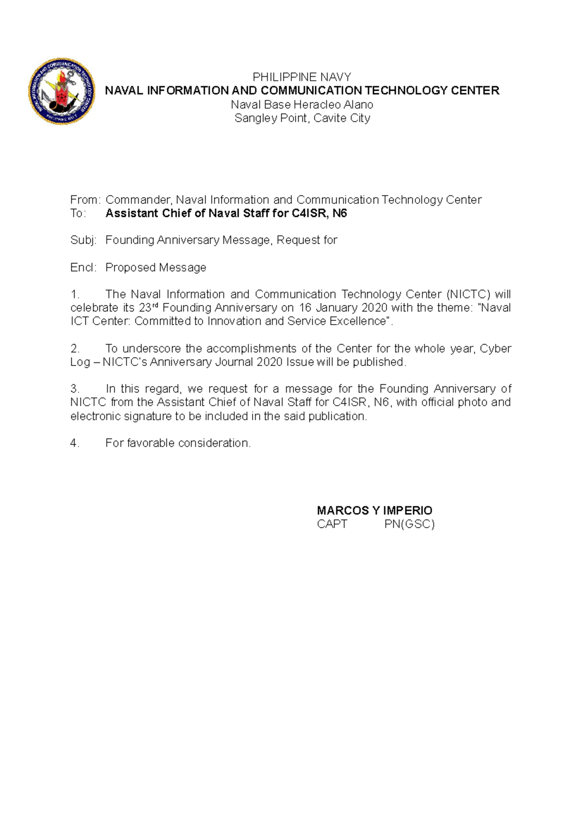 Letter Request for Cyberlog - PHILIPPINE NAVY NAVAL INFORMATION AND ...