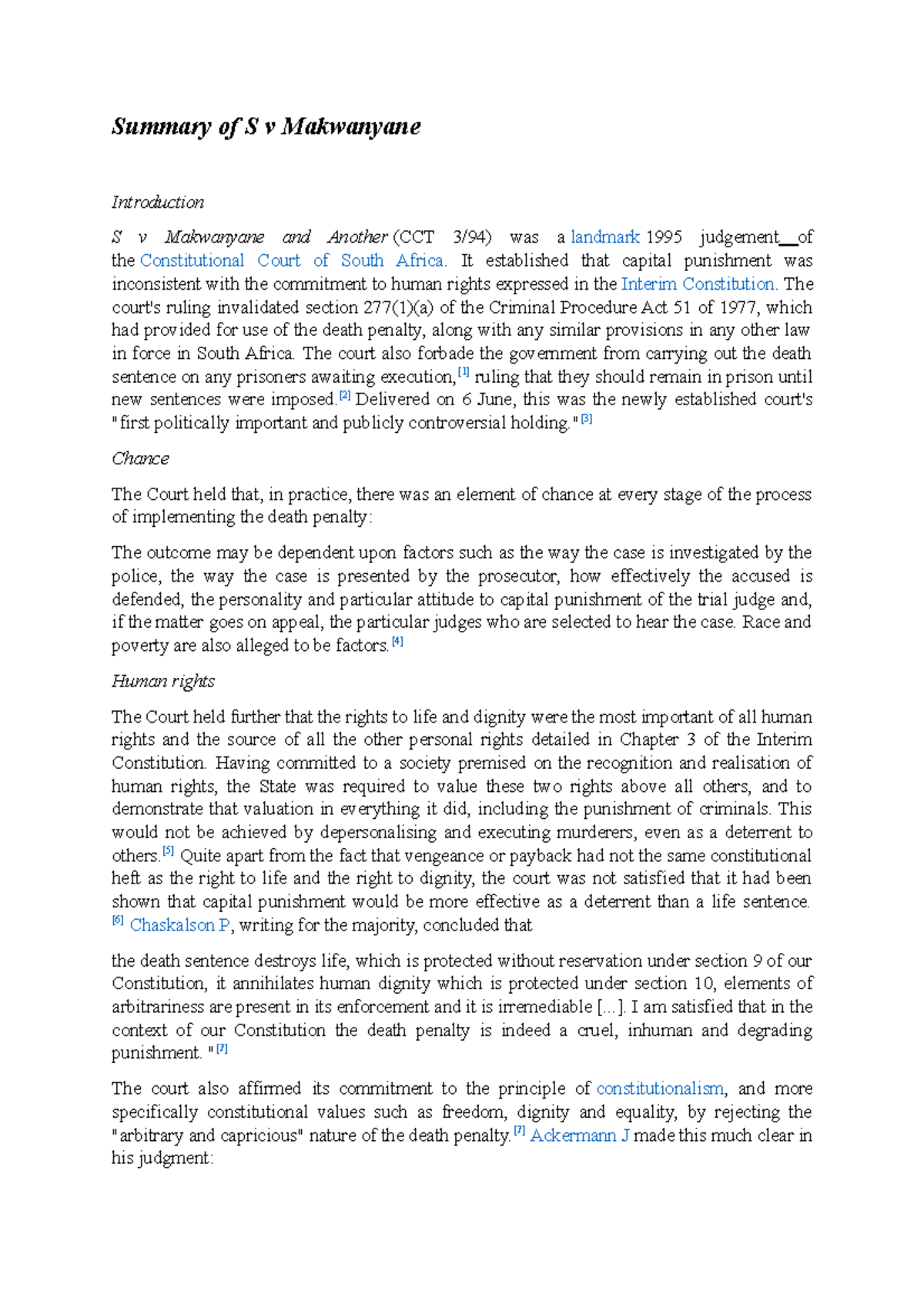 Summary of S v Makwanyane - Summary of S v Makwanyane Introduction S v ...