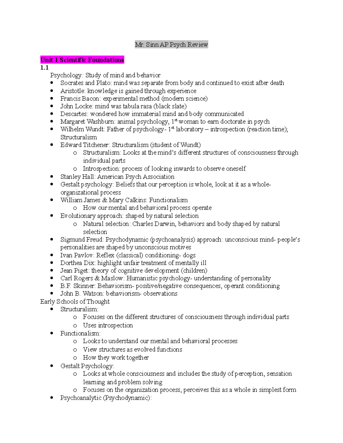 AP Pysch Ultimate Exam Study Guide - Mr. Sinn AP Psych Review Unit 1 ...