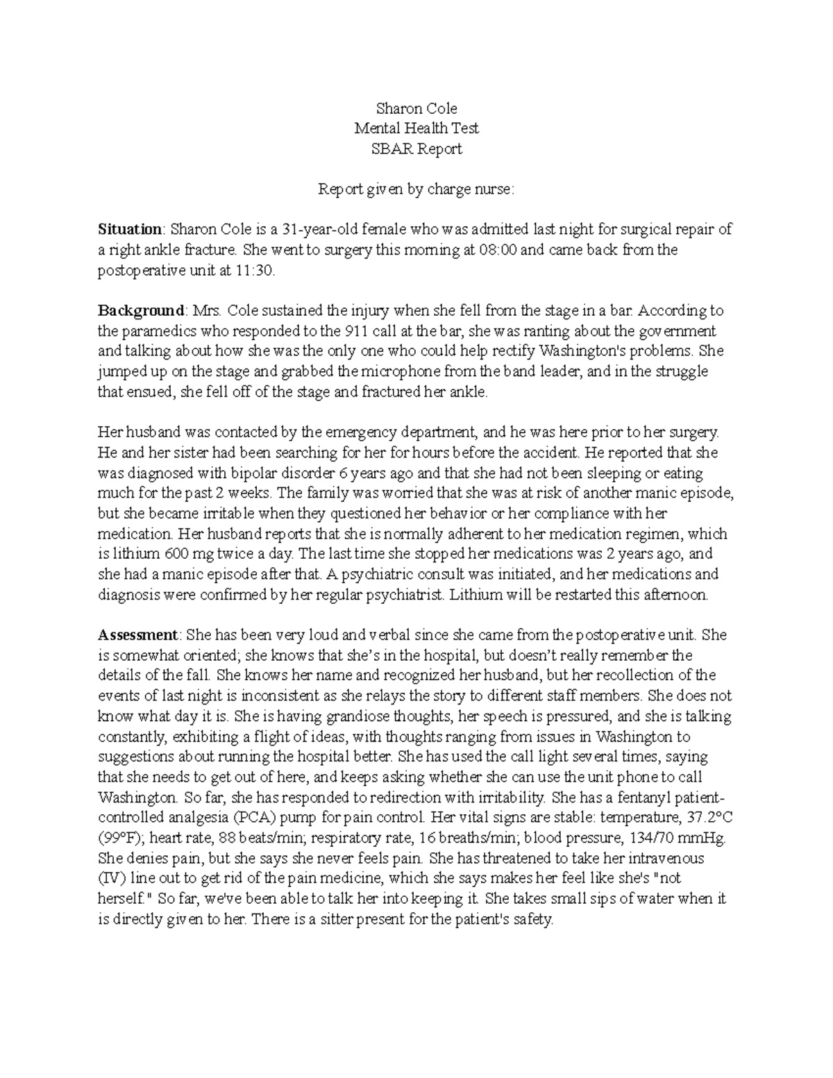 Sharon Cole SBAR - SBAR for VSIM - Sharon Cole Mental Health Test SBAR ...