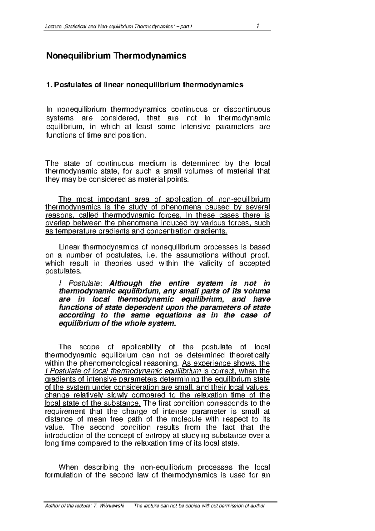 Nonequilibrium Thermodynamics 2017 - Lecture „Statistical and Non ...