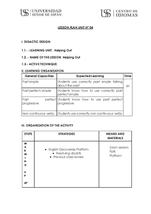Lesson plan Unit 1 - guia - LESSON PLAN UNIT N∞ 01 I. DIDACTIC DESIGN ...