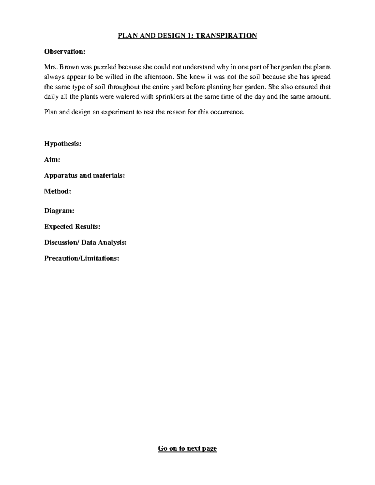 Lab 8 Planning and Design - PLAN AND DESIGN 1: TRANSPIRATION ...