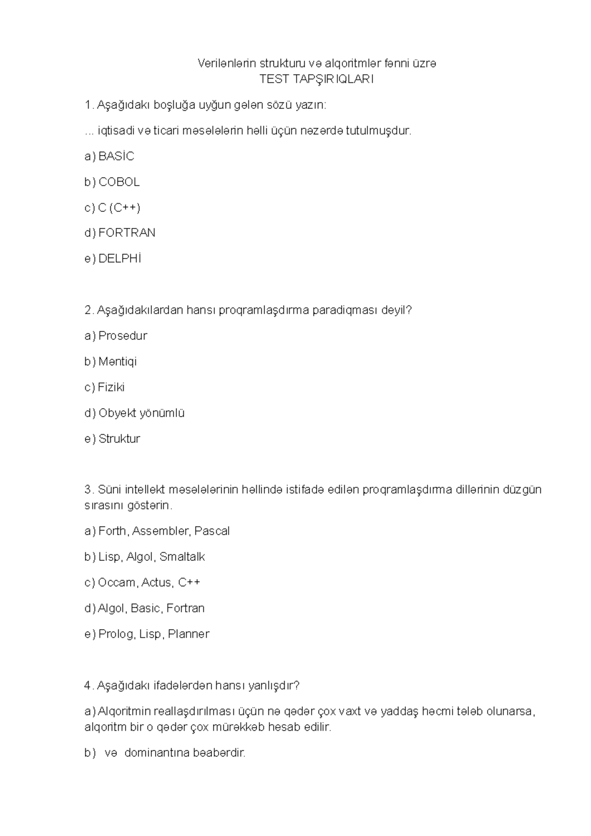 Test VSA 4 5 6 - test - Verilənlərin strukturu və alqoritmlər fənni ...