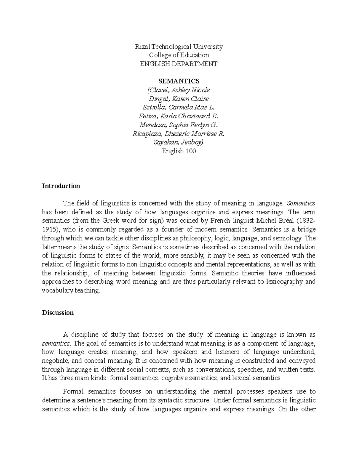 Semantics - Rizal Technological University College of Education ENGLISH ...
