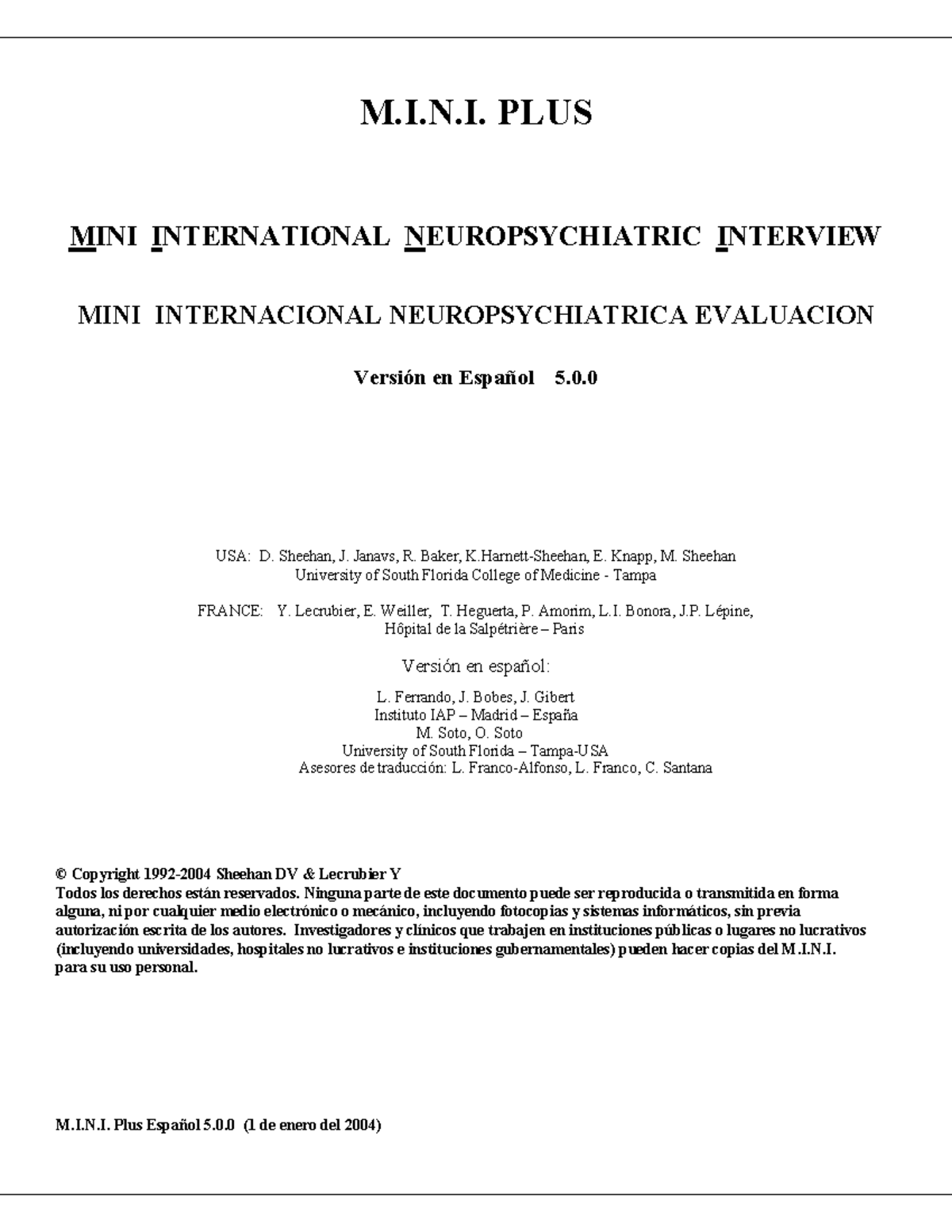 M.I.N.I. PLUS MINI INTERNATIONAL NEUROPSYCHIATRIC INTERVIEW - M.I.N ...