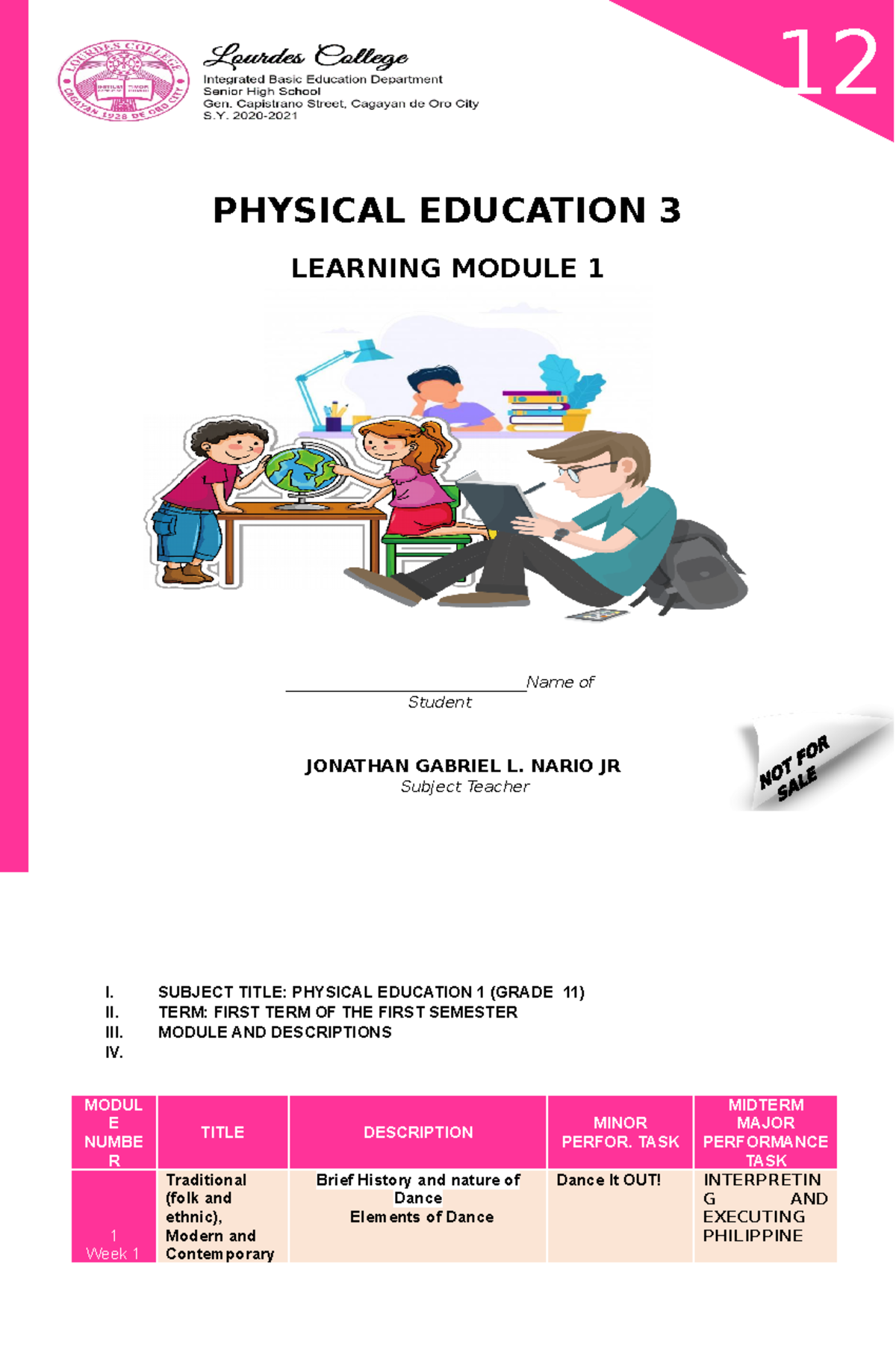 PE 3 Module 1 - Physical education 3 - I. SUBJECT TITLE: PHYSICAL ...