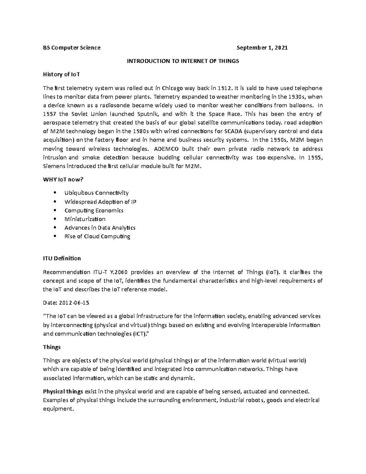 Introduction to Internet of Things - BS in Computer Science - Studocu