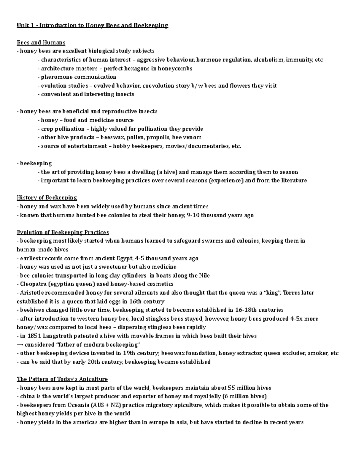 ENVS2210 Notes - Unit 1 - Introduction to Honey Bees and Beekeeping ...