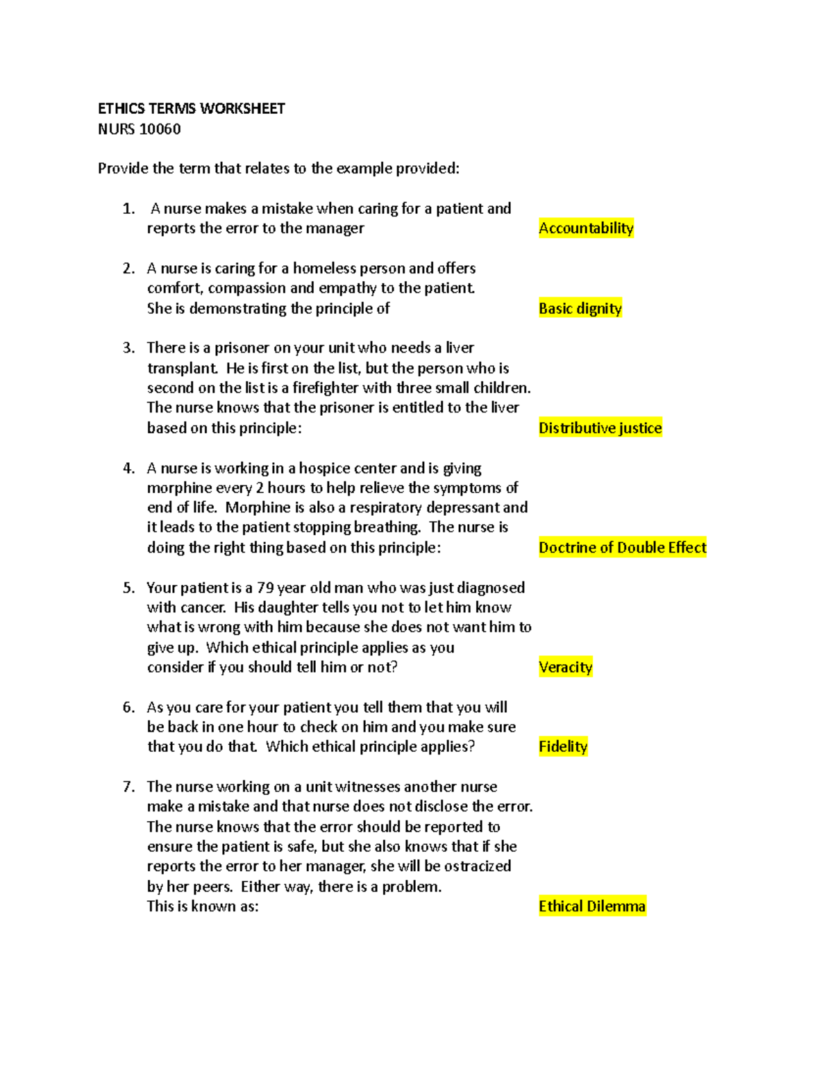 Ethics Terms Worksheet - ETHICS TERMS WORKSHEET NURS 10060 Provide the ...