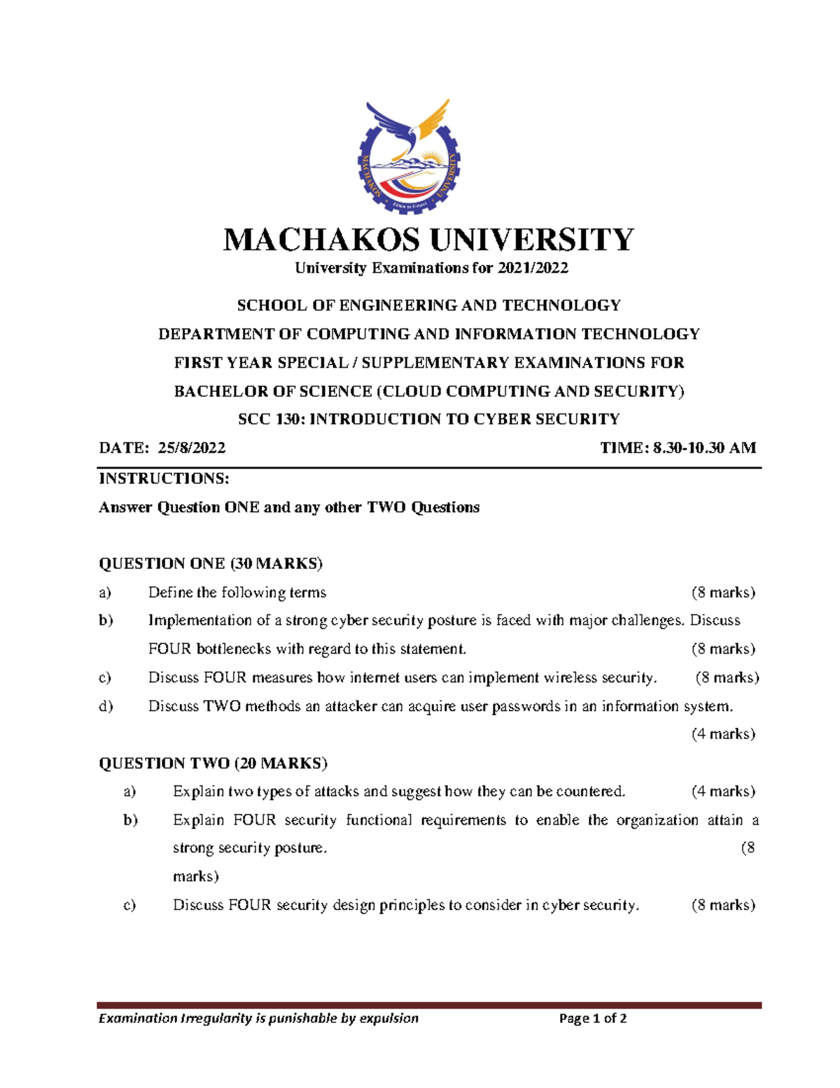 SCC 130 Introduction TO Cyber Security - Examination Irregularity is punishable by expulsion ...