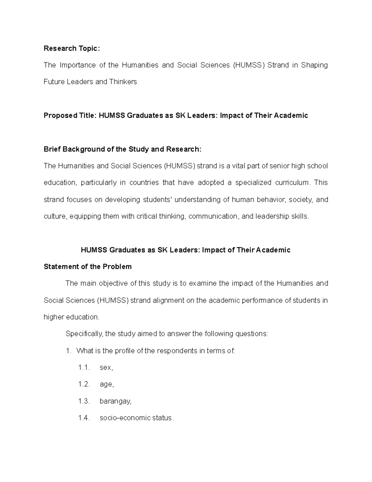 Research Topic of Humss - Research Topic: The Importance of the ...