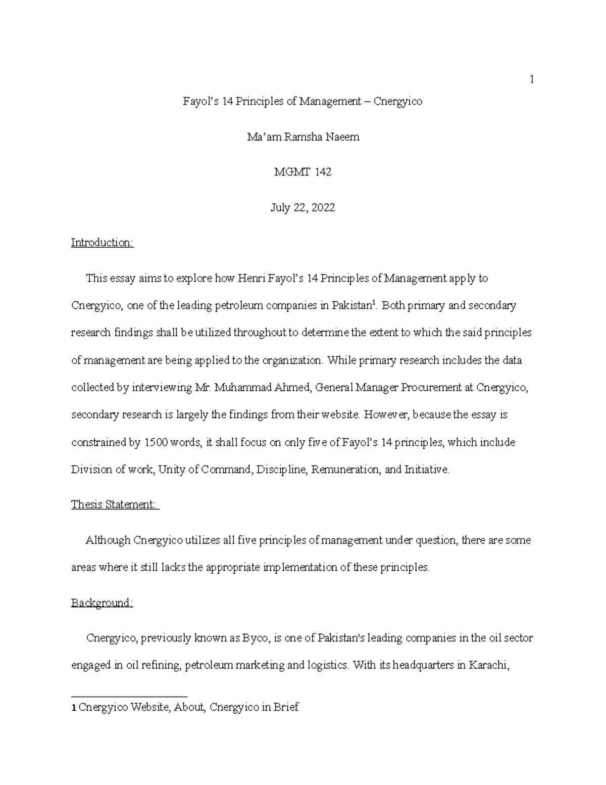 Final Project MGMT 142 Hamza Muhammad Khawaja 25090020 1 - Fayol’s 14 Principles of Management ...