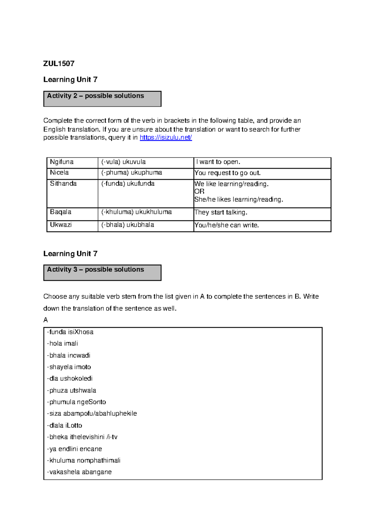 ZUL1507 Learning Unit 7 Activities and Solutions - ZUL Learning Unit 7 Activity 2 – possible ...