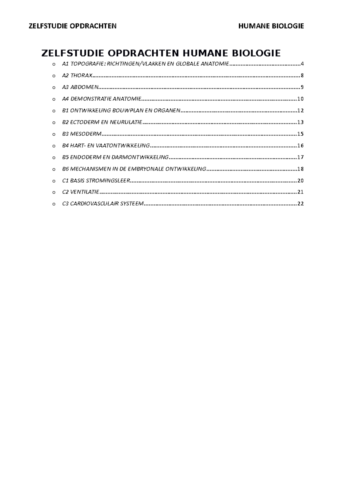 Zelfstudie opdrachten Humane Biologie - ZELFSTUDIE OPDRACHTEN HUMANE ...