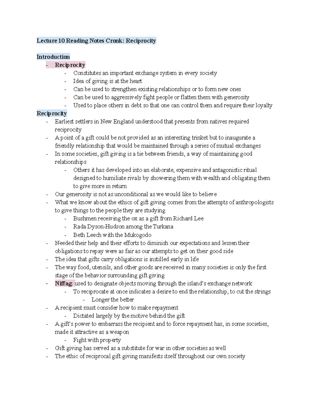 ANT 10CD Lecture 10 Reading Notes Cronk Reciprocity - Lecture 10 ...