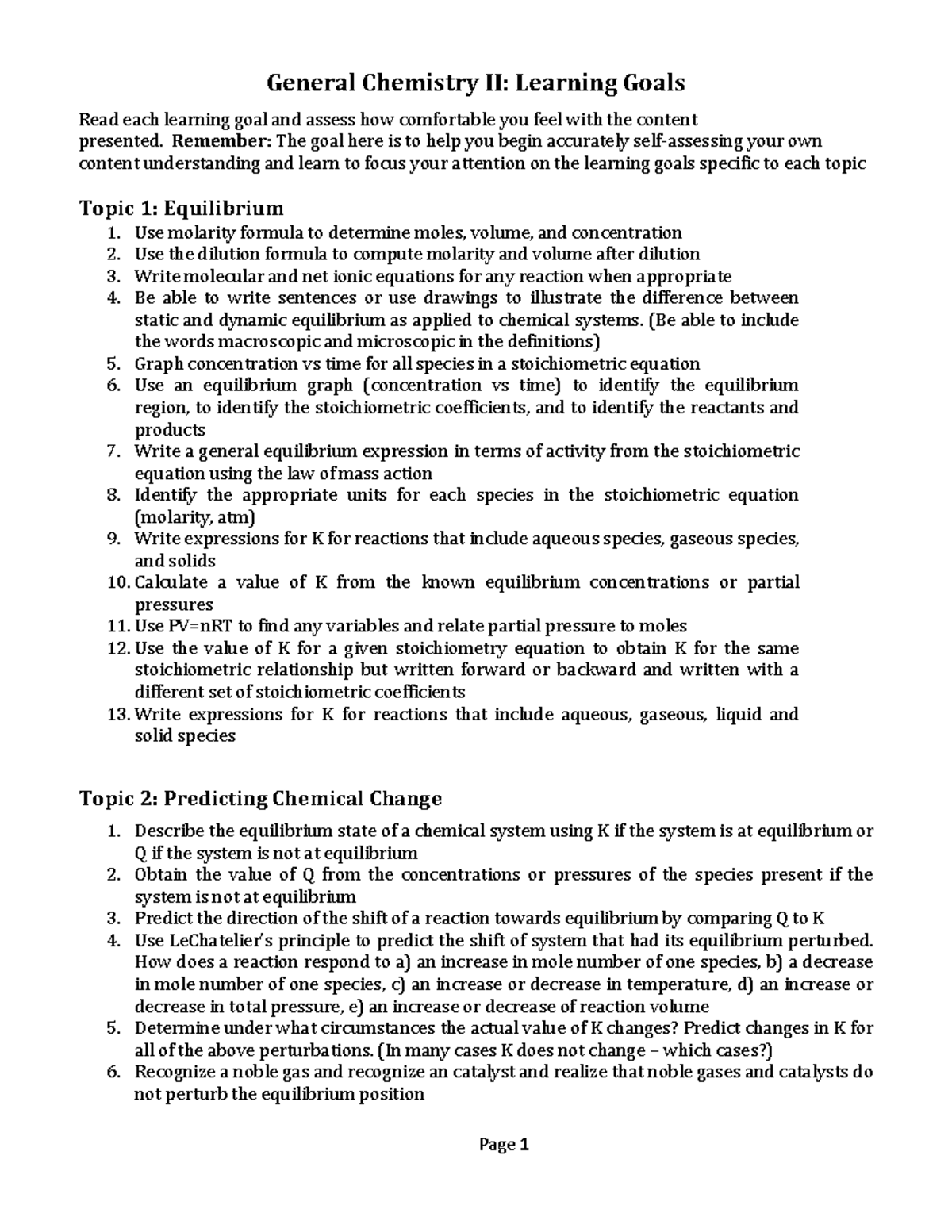 104 Learning Goals - General Chemistry II: Learning Goals Read each ...