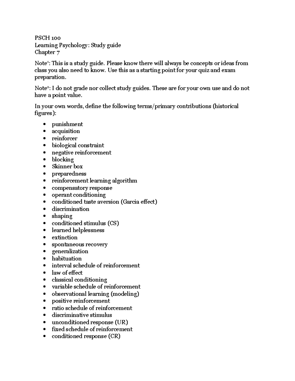 Chap 7 study guide - PSCH 100 Learning Psychology: Study guide Chapter ...
