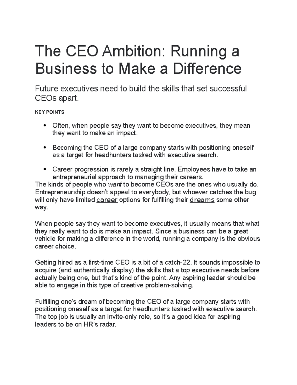 The CEO Ambition - KEY POINTS Often, when people say they want to ...