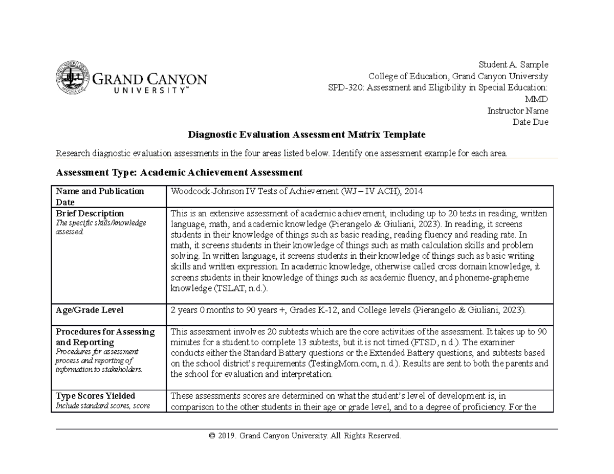 Diagnostic Evaluation Assessment Matrix - Identify one assessment ...