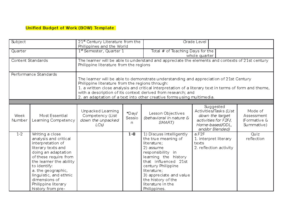 SHS BOW 21st Century - Unified Budget of Work (BOW) Template Subject 21 ...