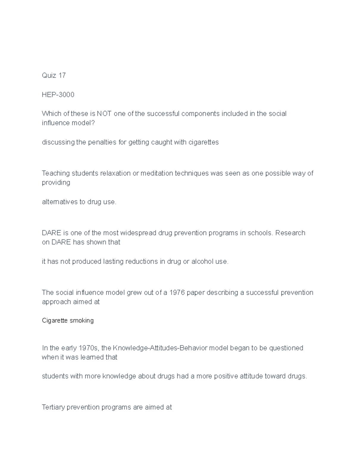 Quiz 17 HEP 3000 - Google Docs - Quiz 17 HEP- Which of these is NOT one ...