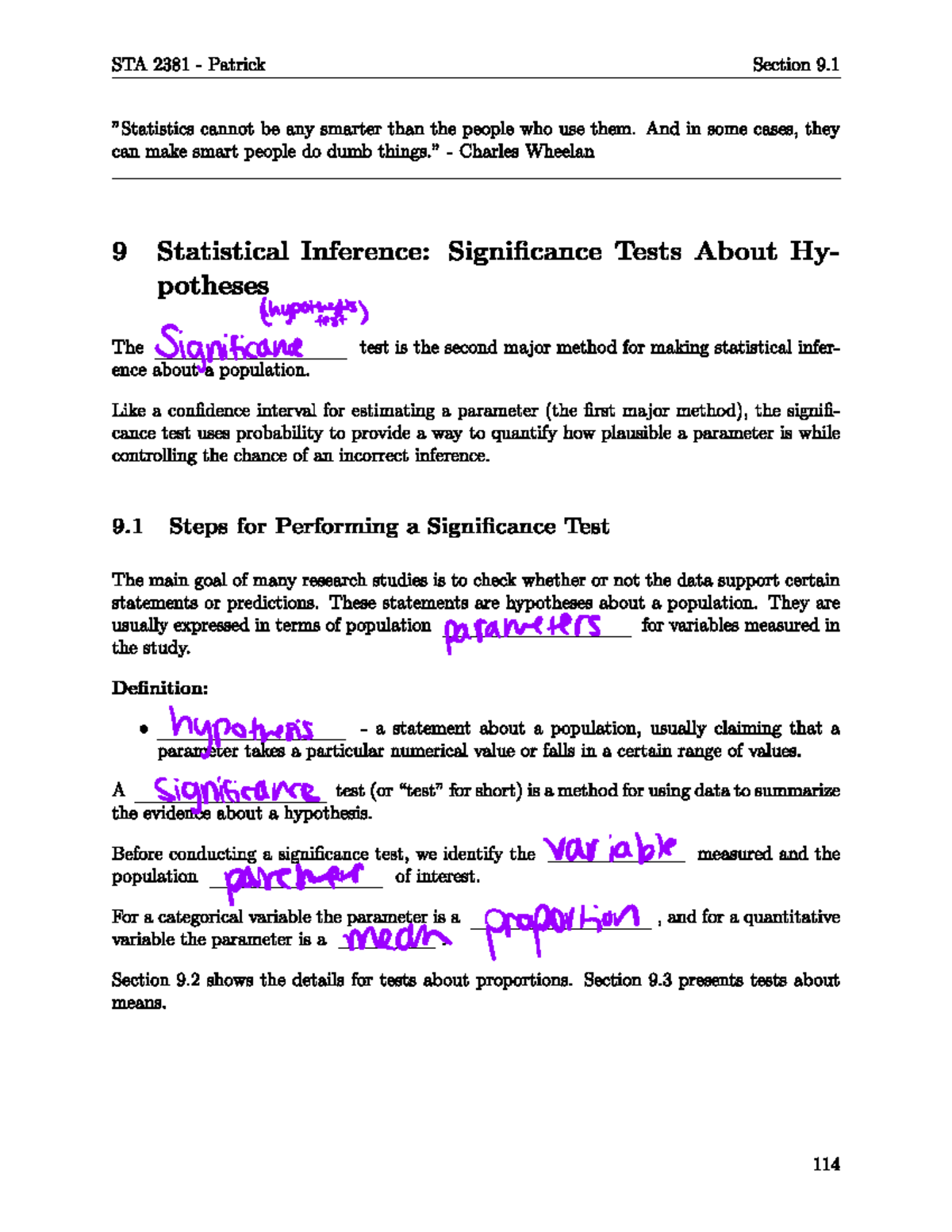 Ch9 stats patrick notes - (hypothetis Significance parameters ...