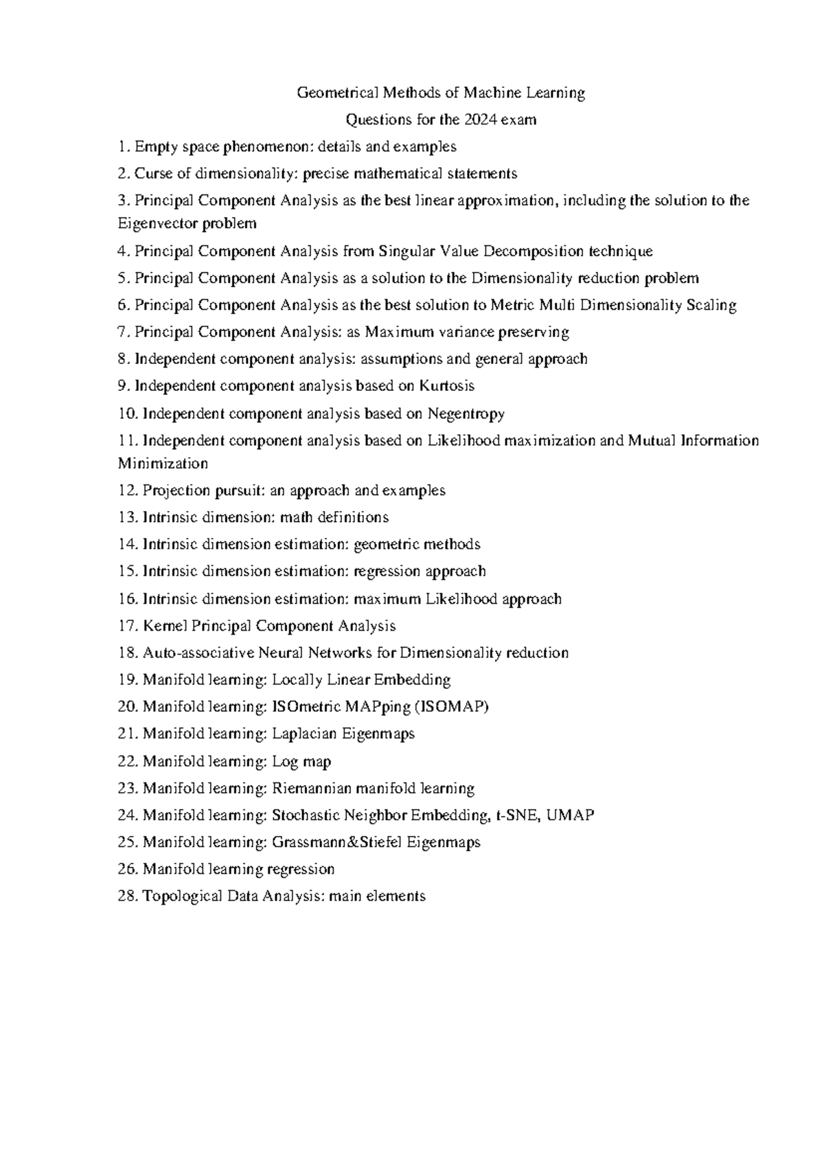 Questions for the 2024 exam - Geometrical Methods of Machine Learning ...