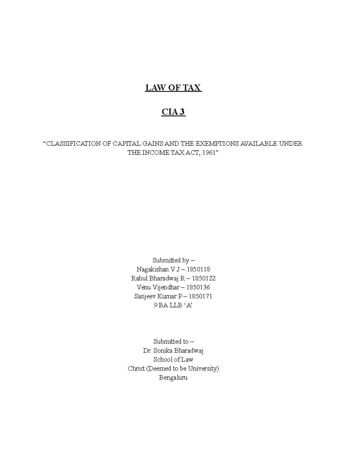 LAW OF TAX - CIA 3 - LAW OF TAX CIA 3 “CLASSIFICATION OF CAPITAL GAINS AND THE EXEMPTIONS ...