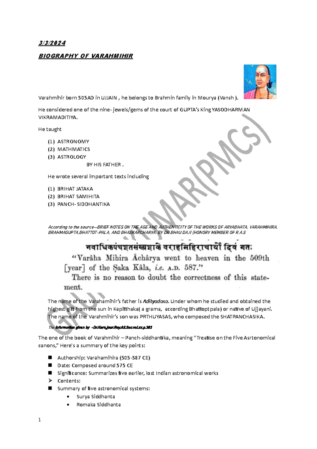 Biography OF Varahmihir - 1 3/3/ BIOGRAPHY OF VARAHMIHIR Varahmihir ...