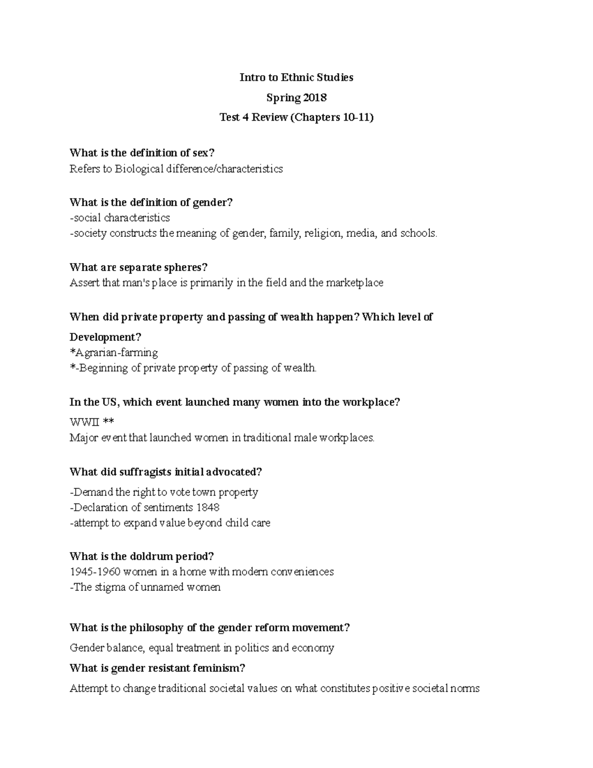 Test 4 Study Guide Chapters 10-11 - Intro to Ethnic Studies Spring 2018 ...