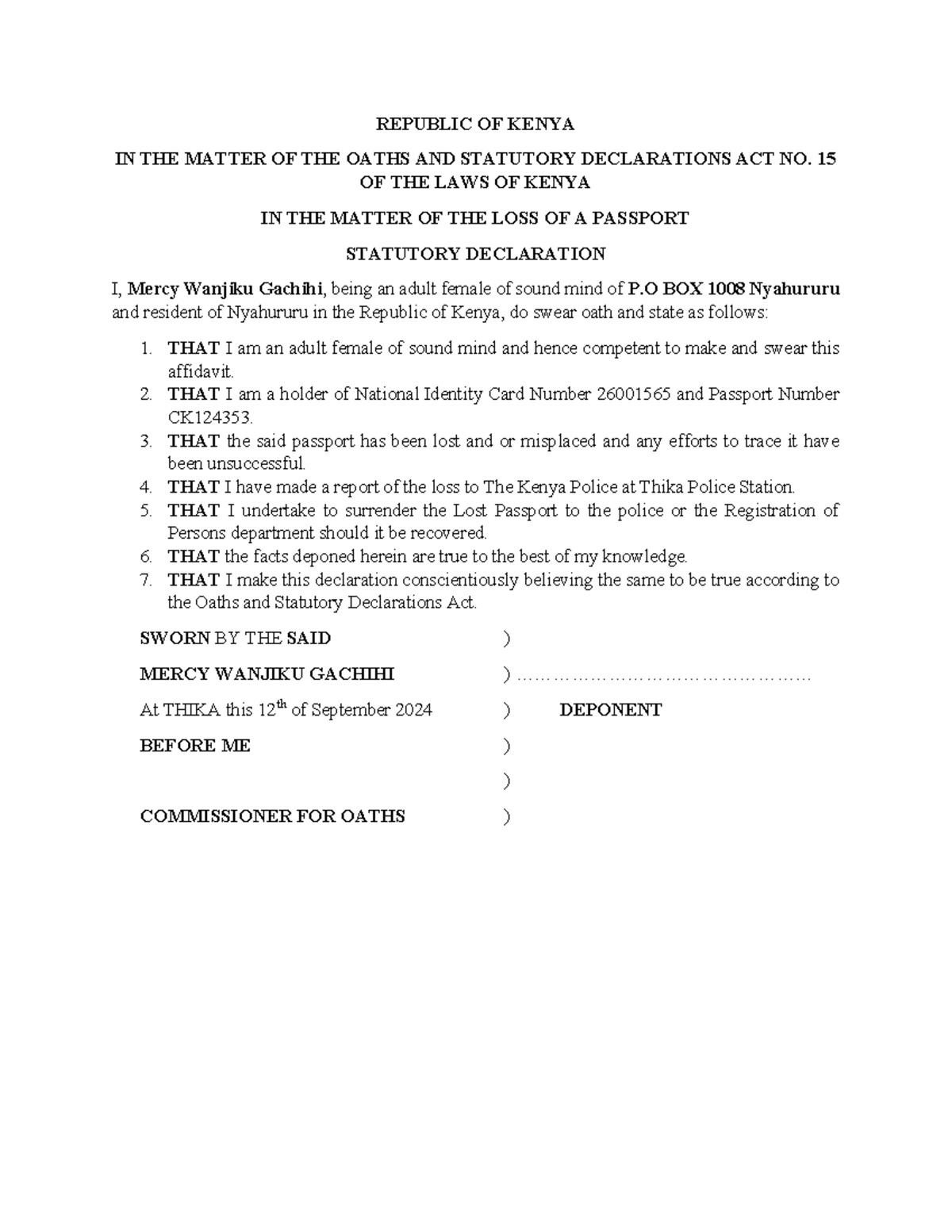 Affidavit mercy - REPUBLIC OF KENYA IN THE MATTER OF THE OATHS AND STATUTORY DECLARATIONS ACT NO ...