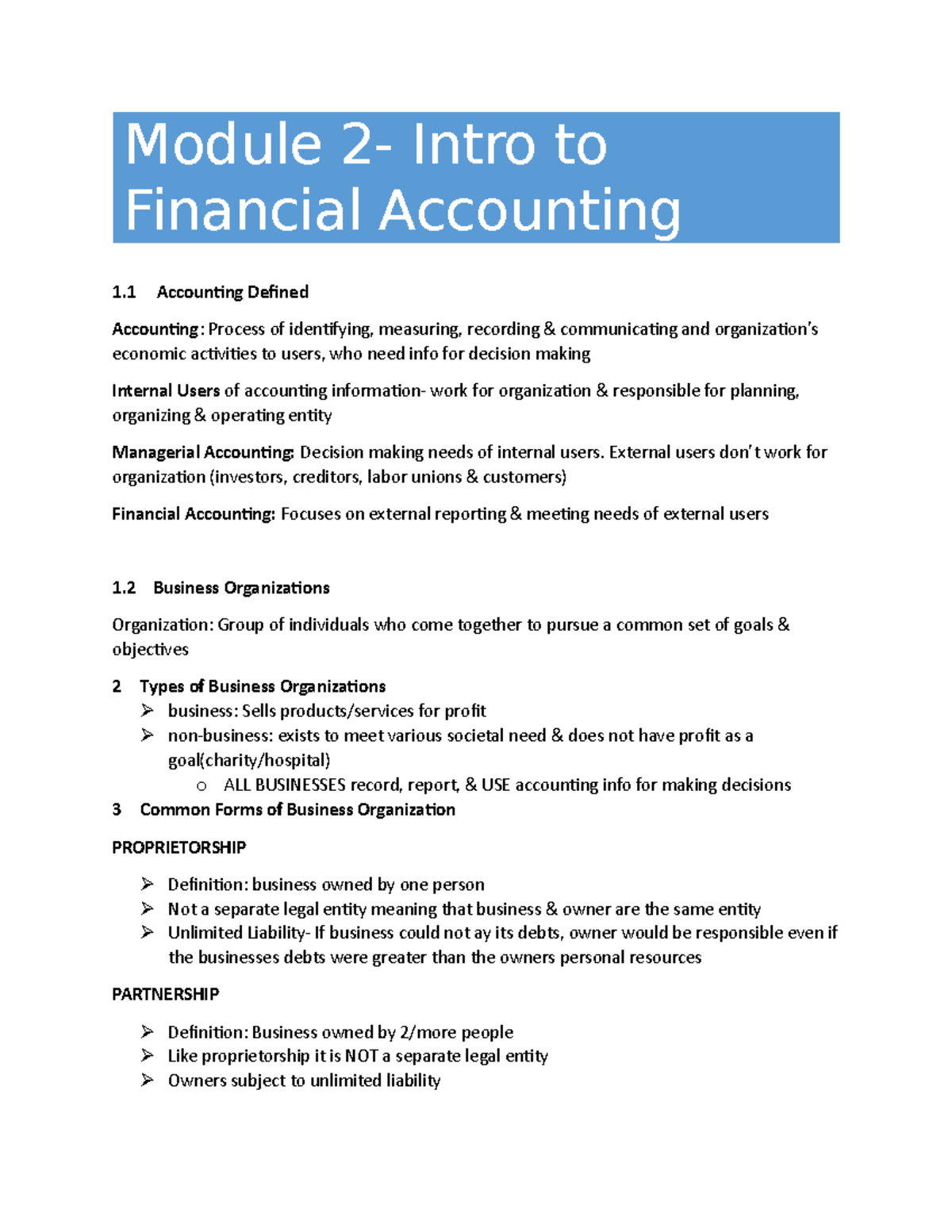 Module 2-Intro to financial accounting - Module 2- Intro to Financial ...