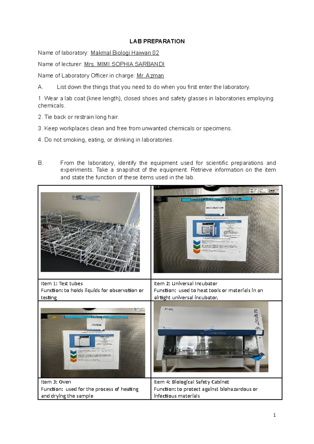 Lab Exposure BIO270 - LAB PREPARATION Name of laboratory: Makmal ...