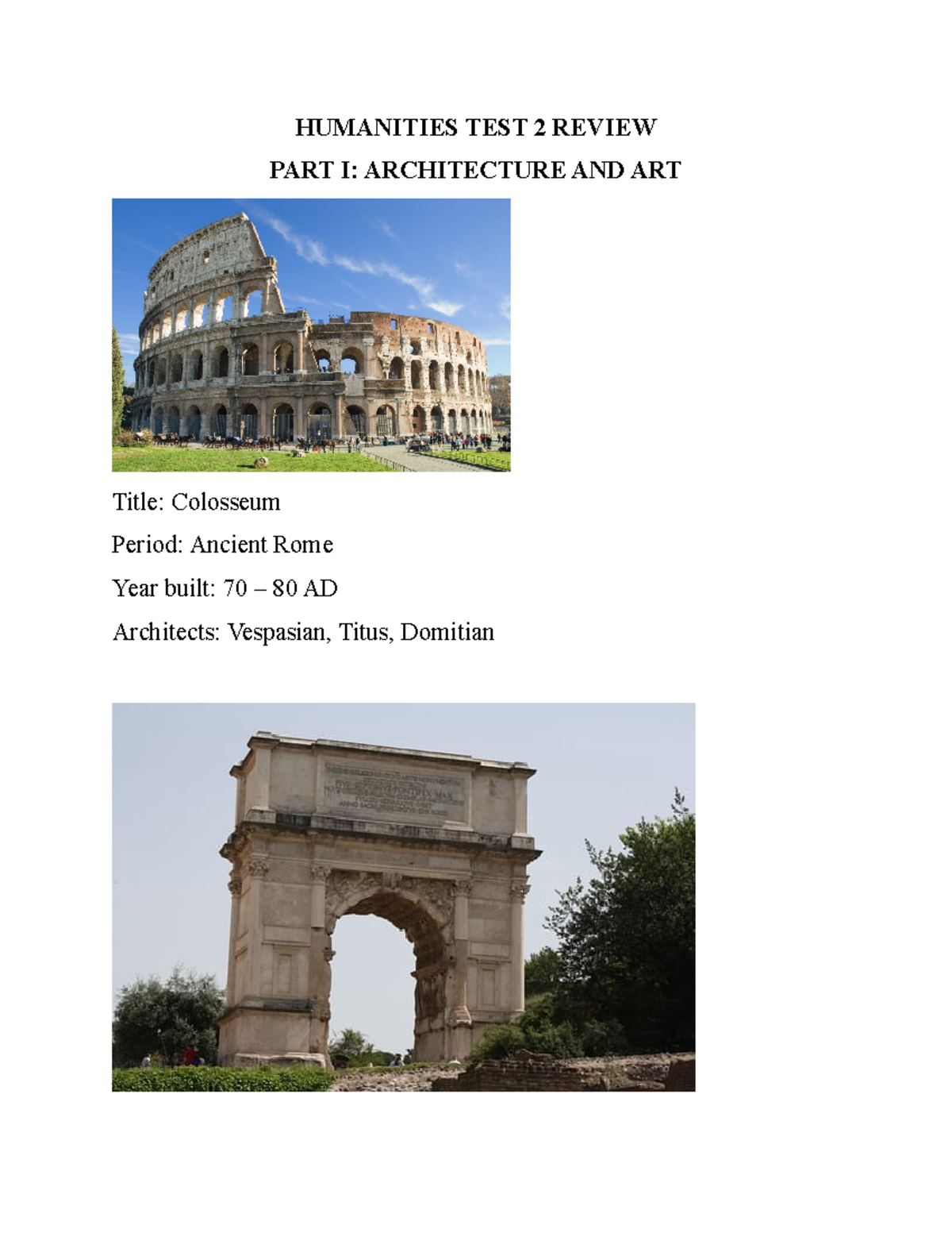 Humanities Test 2 Reiew - HUMANITIES TEST 2 REVIEW PART I: ARCHITECTURE ...