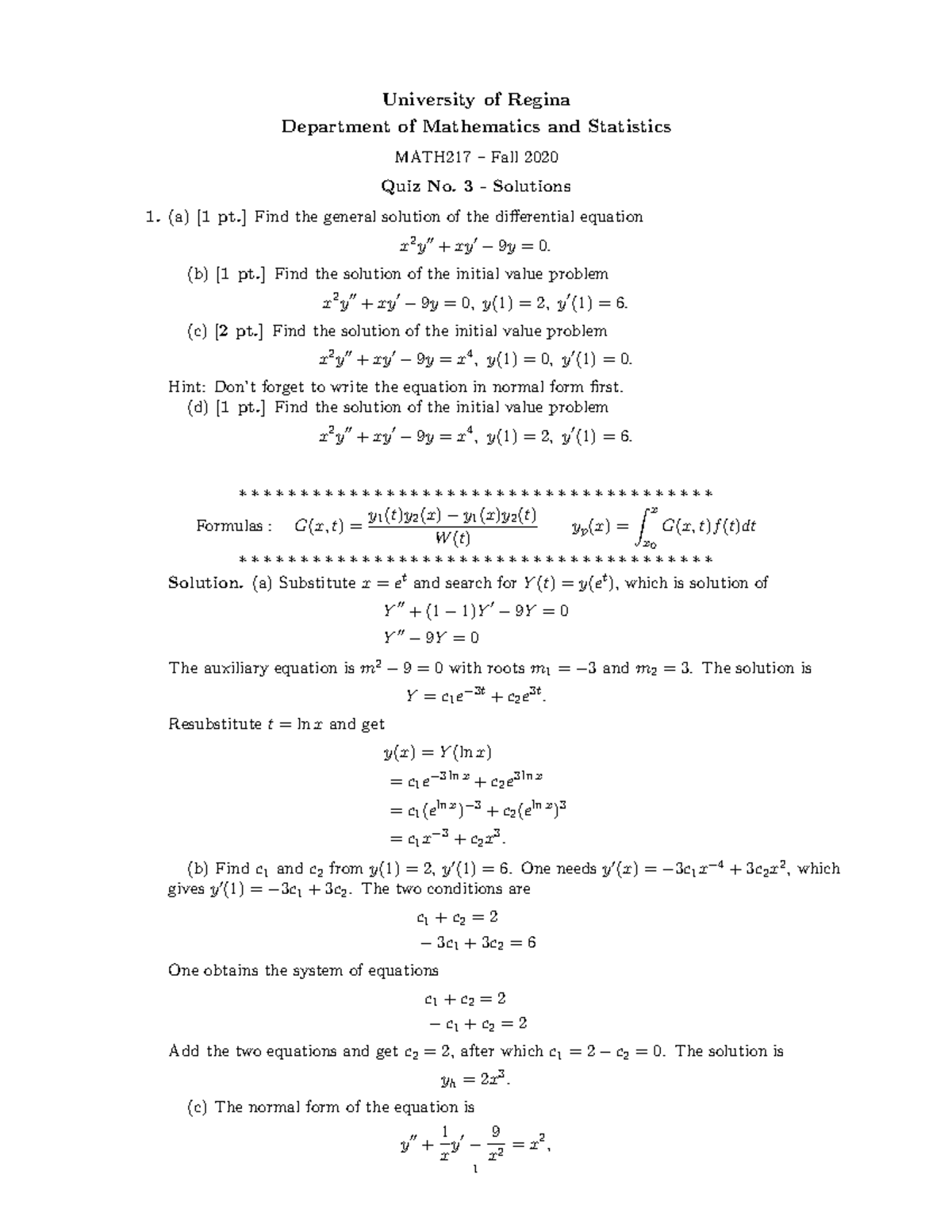 MAT217-2020quiz3 - Exams for students - University of Regina Department ...