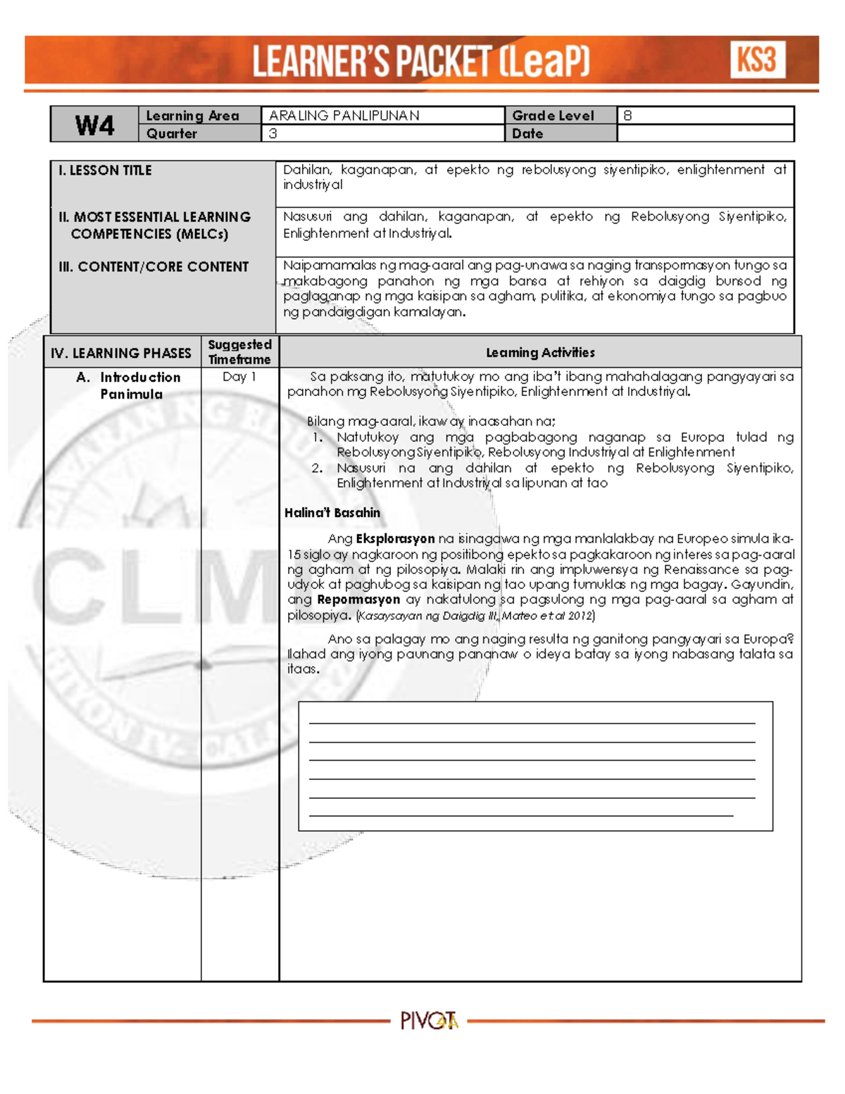 Lea P AP G8 Week4 Q3 - W Learning Area ARALING PANLIPUNAN Grade Level 8 ...