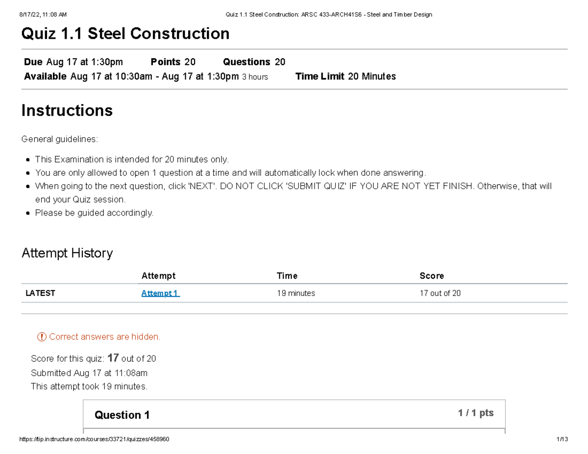 Steel and Timber Design - Quiz 1 Steel Construction Due Aug 17 at 1 ...