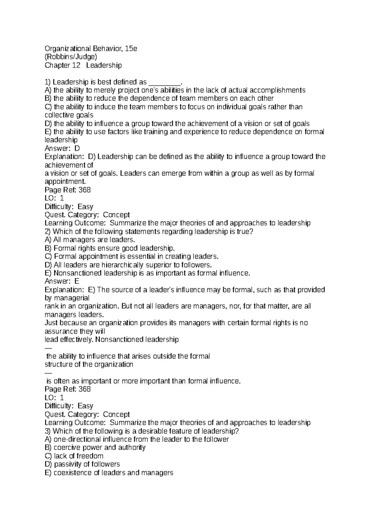 Chapter 12 - Study Test materials - Organizational Behavior, 15e ...