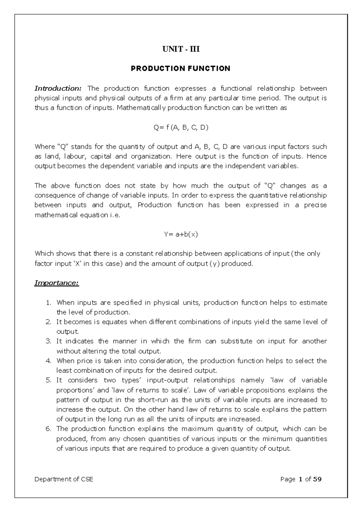 SM402MS BEFA unit-3 - UNIT - III PRODUCTION FUNCTION Introduction: The ...