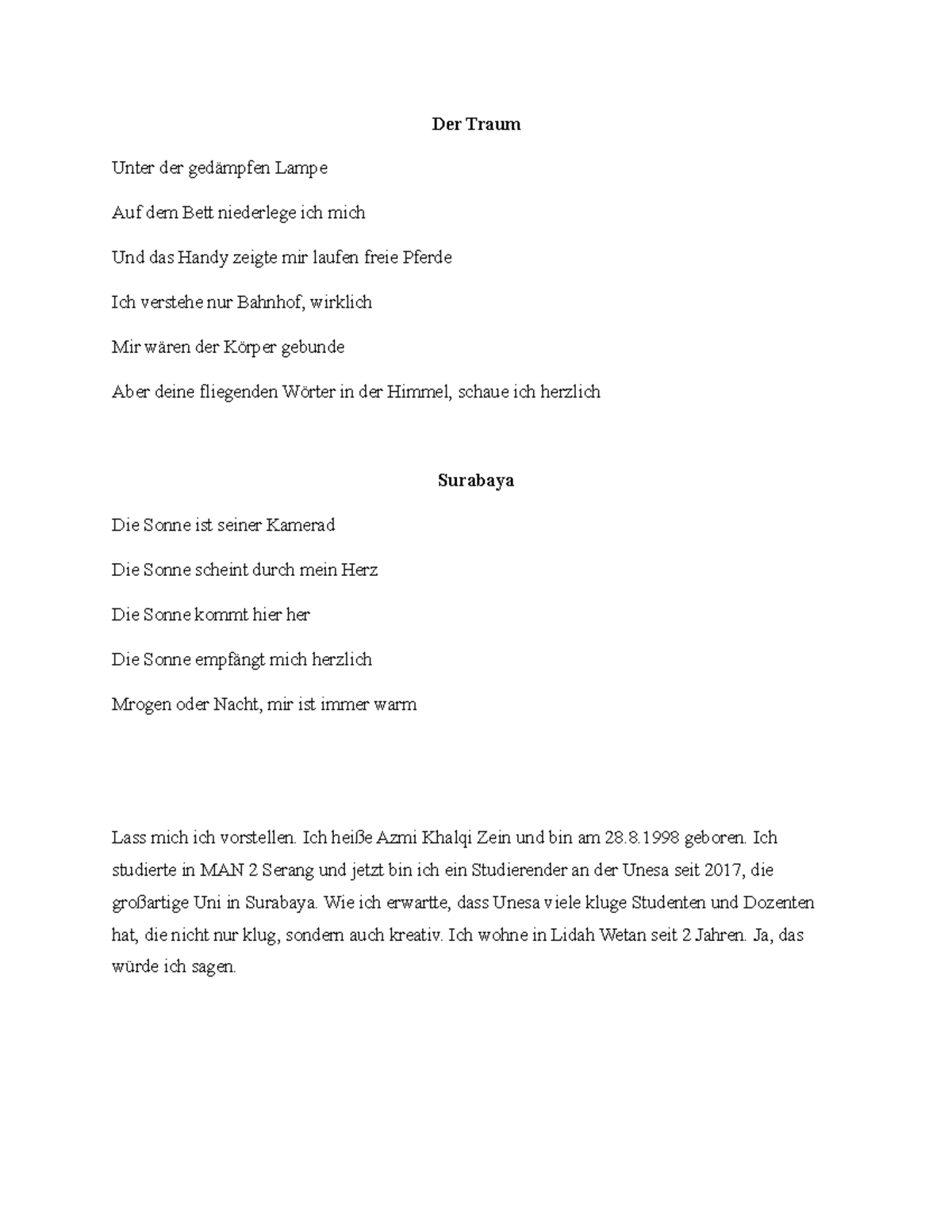 Puisi Bahasa Jerman - Der Traum Unter der gedämpfen Lampe Auf dem Bett ...