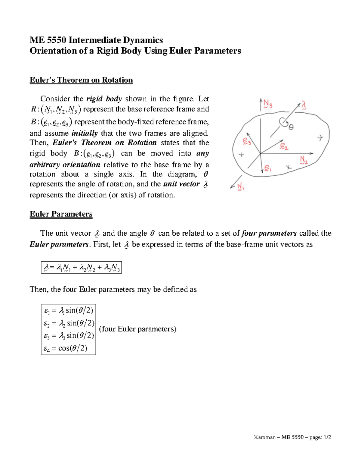 Me555Orientation Euler Parameters - Kamman – ME 5550 – page: 1/ ME 5550 Intermediate Dynamics ...