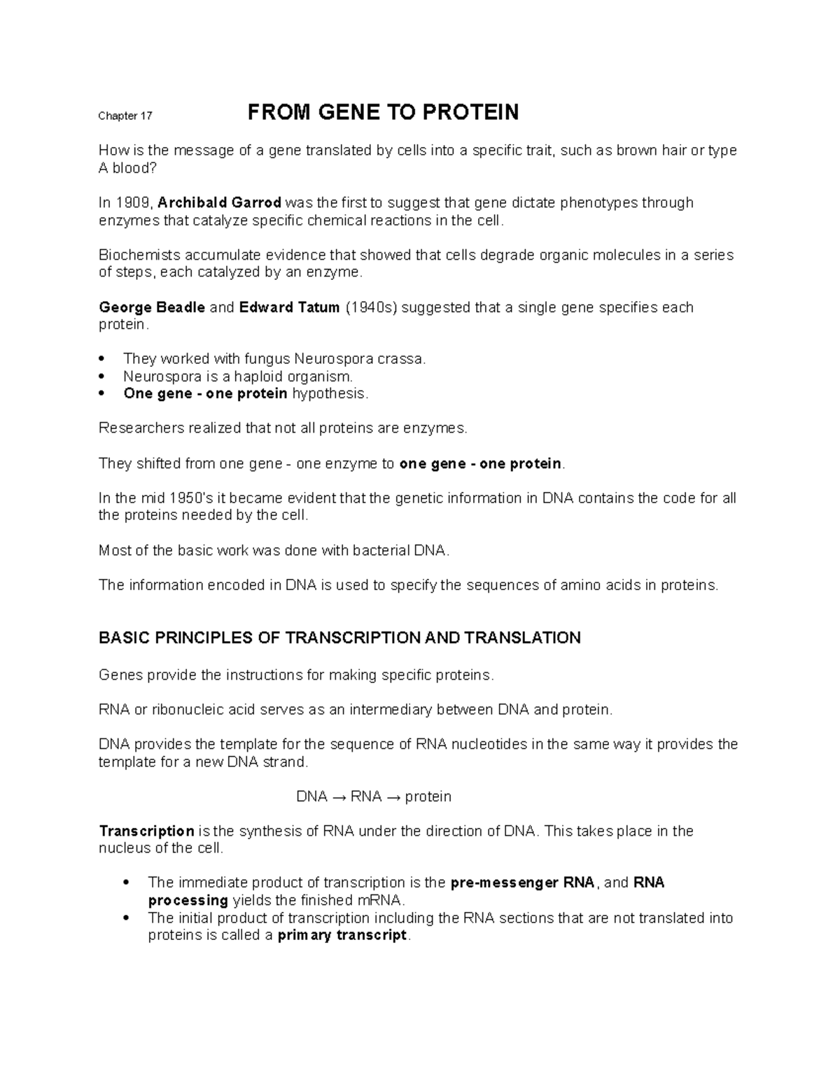 Chapter 17 - biology 101 lecture notes - Chapter 17 FROM GENE TO ...