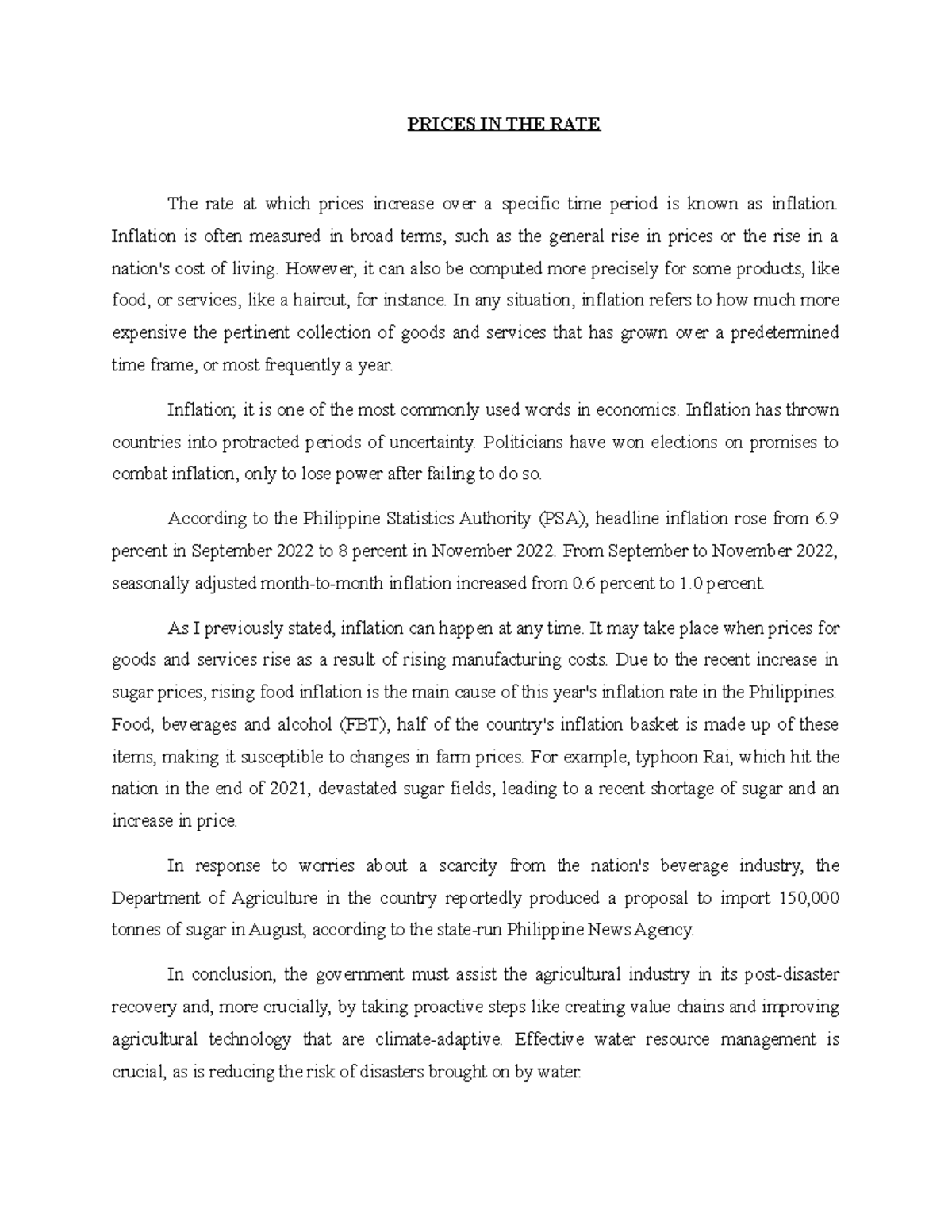 Inflation rate speech (Impromptu) - PRICES IN THE RATE The rate at ...