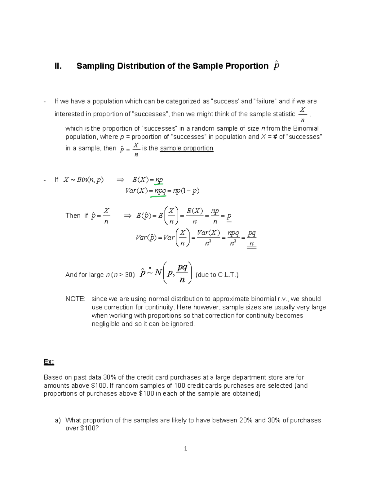 Chapter 7 8 Lecture 14 - Notes - II. Sampling Distribution of the ...