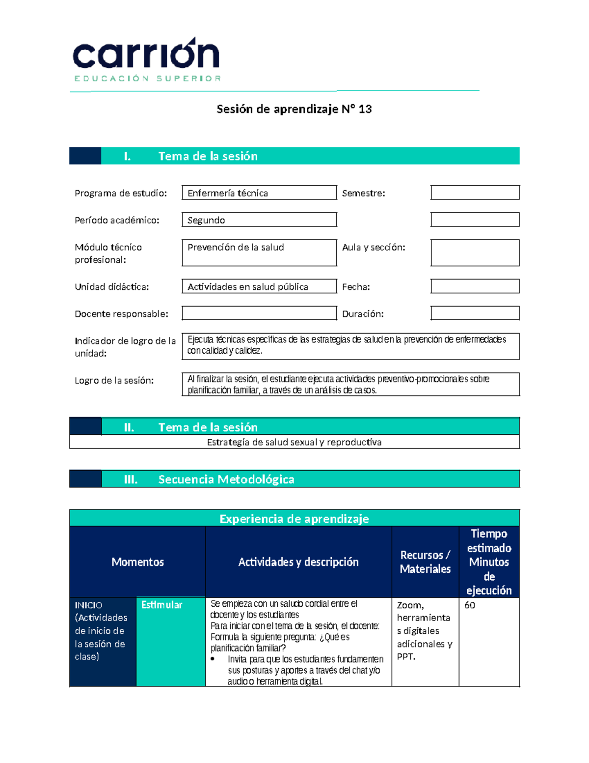 SA13 ET II Actividades en Salud Publica - Sesión de aprendizaje N° 13 I ...
