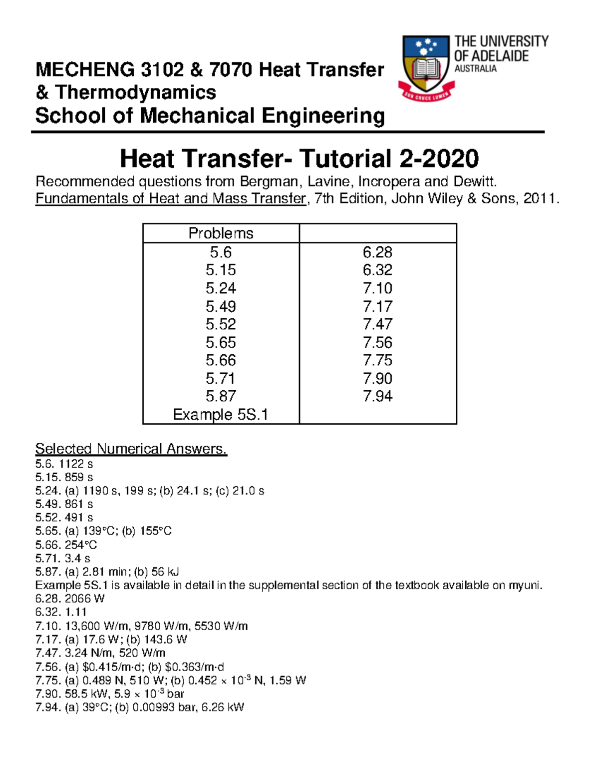 Tute 02 HT 2020 - Heat Transfer assignment 2 and its answers - MECHENG ...