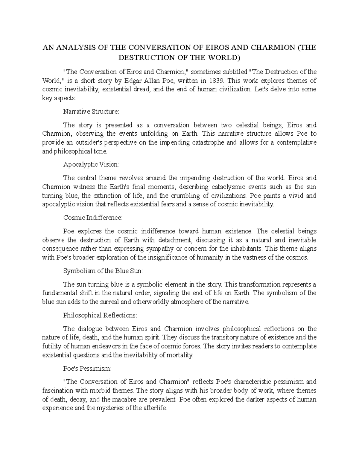 AN Analysis OF THE Conversation OF Eiros AND Charmion (THE Destruction ...